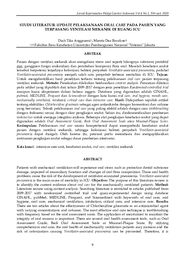 (PDF) Studi Literatur: Update Pelaksanaan Oral Care Pada Pasien Yang Terpasang Ventilasi Mekanik ...