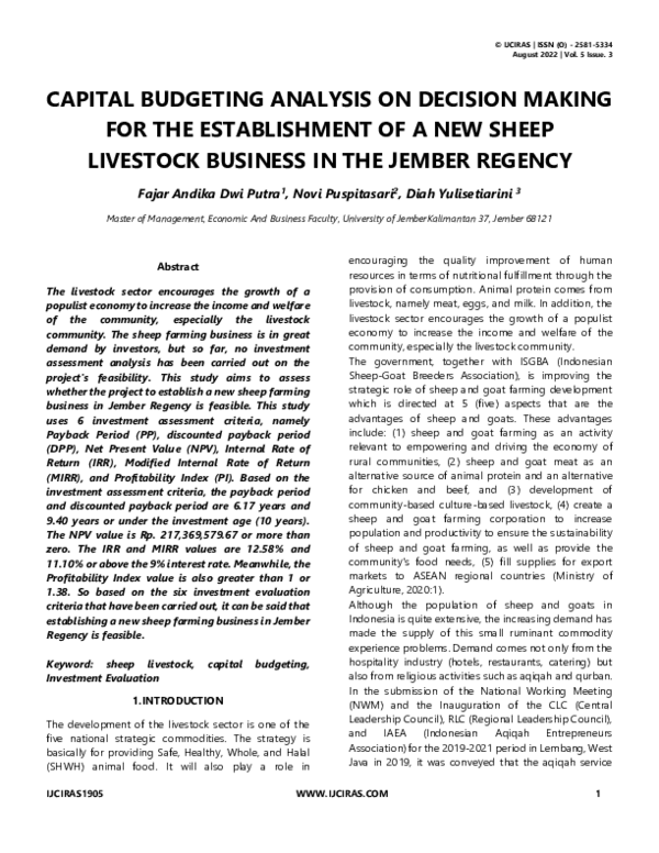 (PDF) CAPITAL BUDGETING ANALYSIS ON DECISION MAKING FOR THE ...