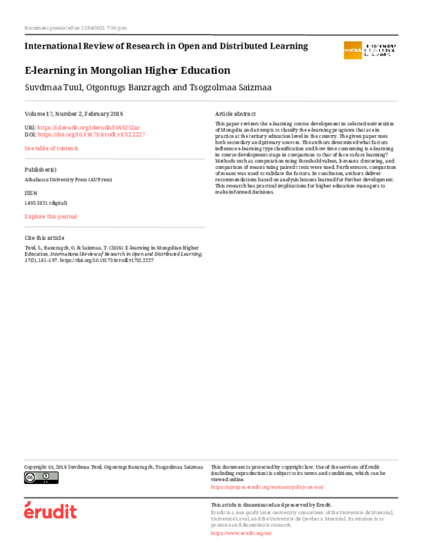 (PDF) E-learning in Mongolian Higher Education