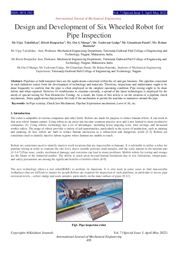 (PDF) Design and Development of Six Wheeled Robot for Pipe Inspection