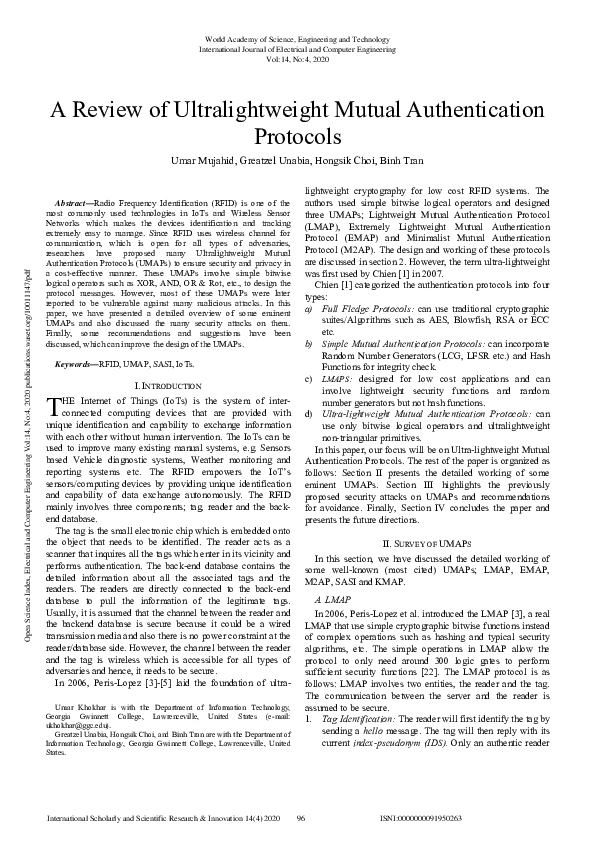 (PDF) A Review of Ultralightweight Mutual Authentication Protocols