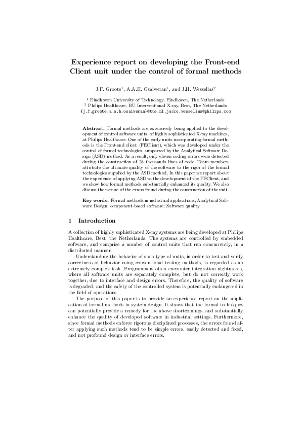 (PDF) Experience report on developing the Front-end client unit under the control of formal methods