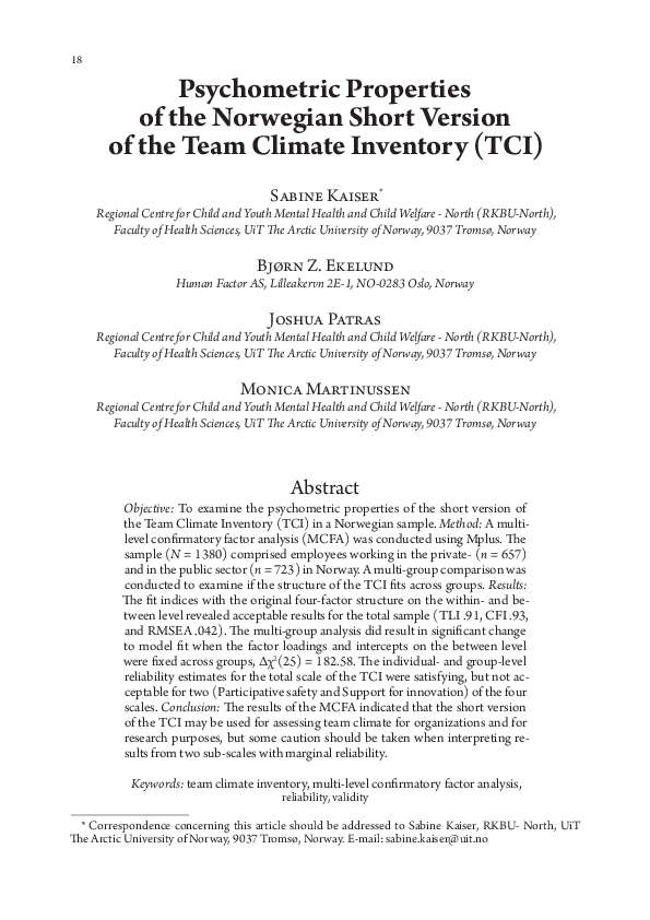 (PDF) Psychometric Properties of the Norwegian Short Version of the Team Climate Inventory (TCI ...
