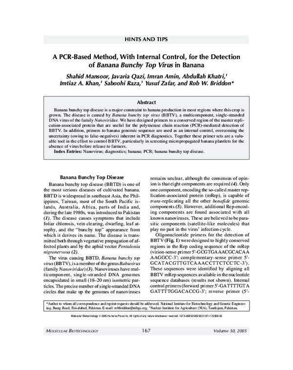 Pdf A Pcr Based Method With Internal Control For The Detection Of Banana Bunchy Top Virus In