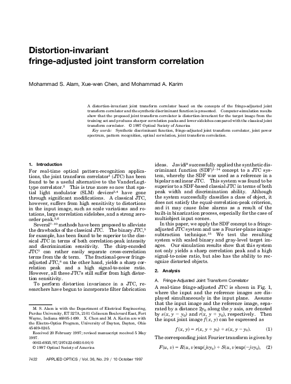Pdf Distortion Invariant Fringe Adjusted Joint Transform Correlation