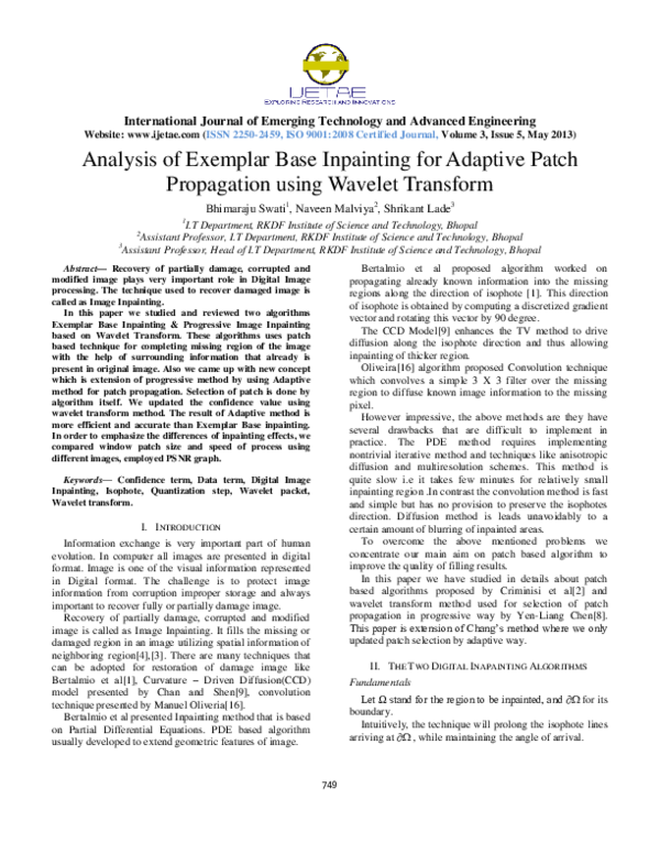 (PDF) Analysis of Exemplar Base Inpainting for Adaptive Patch Propagation using Wavelet ...