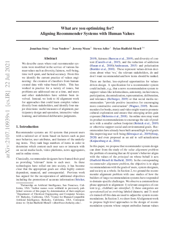 (PDF) What are you optimizing for? Aligning Recommender Systems with Human Values