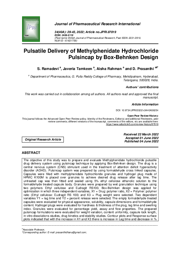 (PDF) Pulsatile Delivery of Methylphenidate Hydrochloride Pulsincap by ...