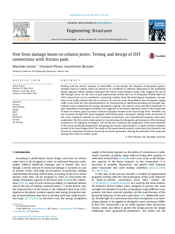 (PDF) Free from damage beam-to-column joints: Testing and design of DST ...