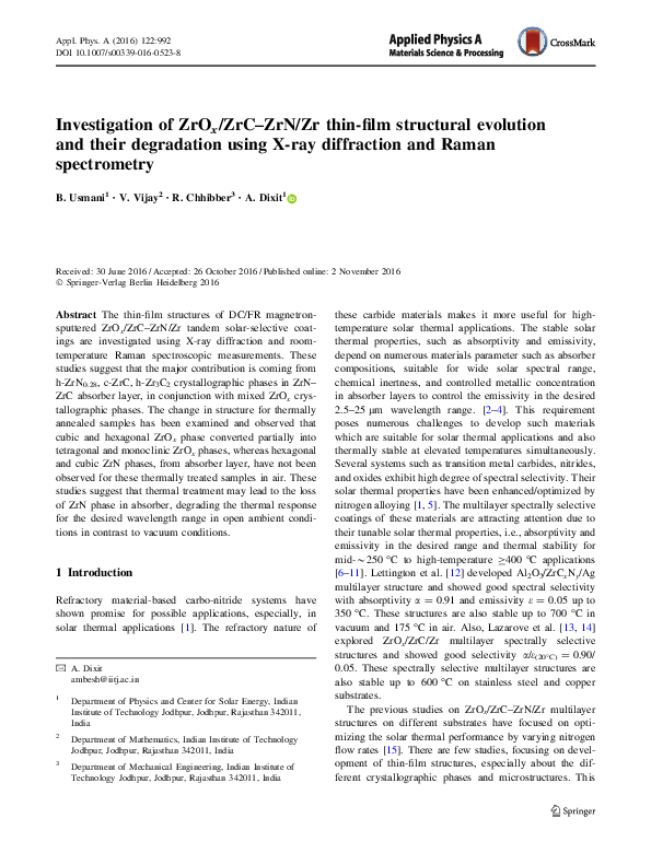(PDF) Investigation of ZrO x /ZrC–ZrN/Zr thin-film structural evolution ...