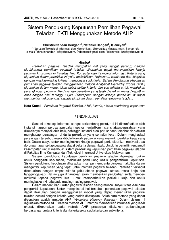 (PDF) Sistem Pendukung Keputusan Pemilihan Pegawai Teladan FKTI Menggunakan Metode AHP