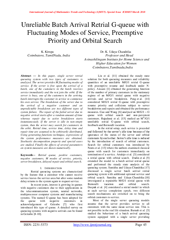 (PDF) Unreliable Batch Arrival Retrial G-queue with Fluctuating Modes of Service, Preemptive ...