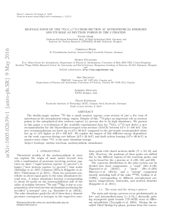 (PDF) RE-EVALUATION OF THE16O(N,γ)17O CROSS SECTION AT ASTROPHYSICAL ...