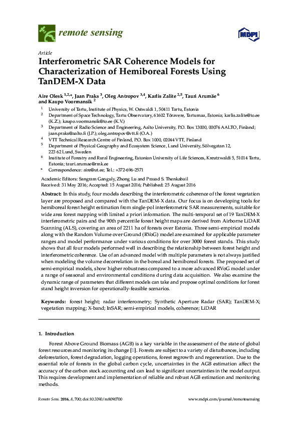 (PDF) Interferometric SAR Coherence Models for Characterization of Hemiboreal Forests Using ...