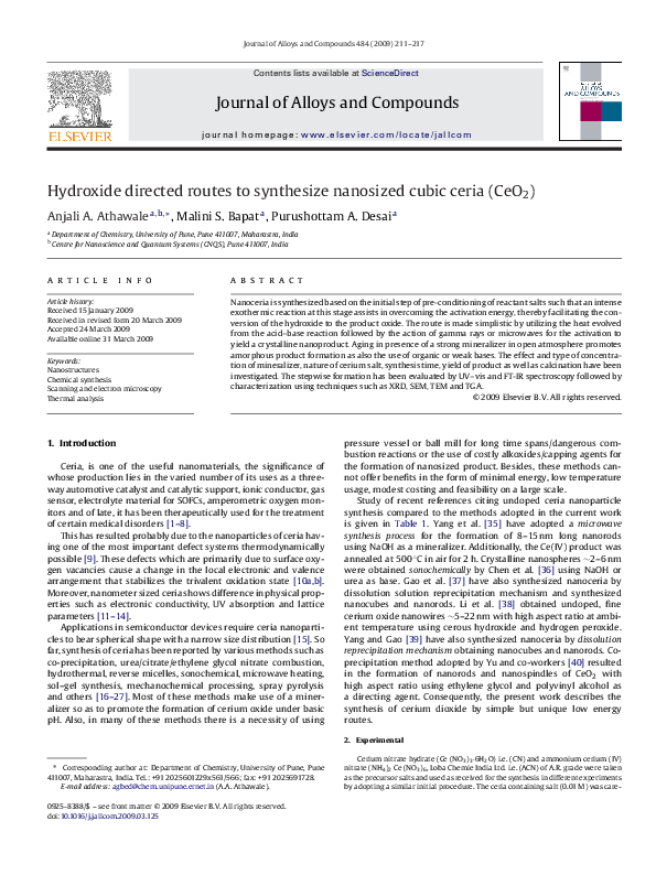 (PDF) Hydroxide directed routes to synthesize nanosized cubic ceria (CeO2)