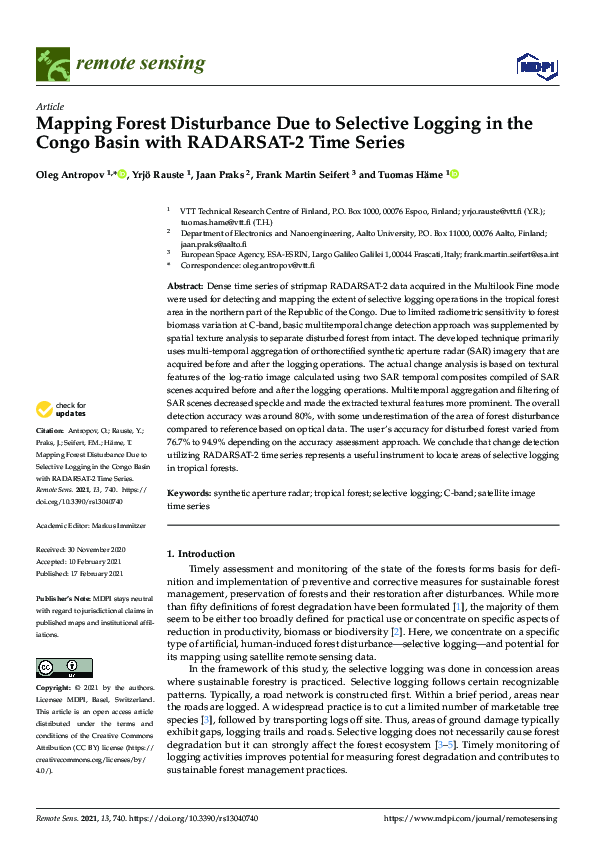 Pdf Mapping Forest Disturbance Due To Selective Logging In The Congo Basin With Radarsat 2
