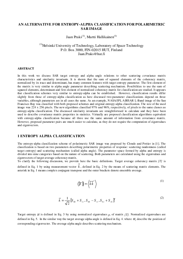 Pdf An Alternative For Entropy Alpha Classification For Polarimetric Sar Image Jaan Praks
