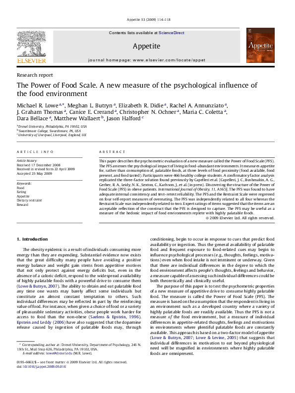 (PDF) The Power of Food Scale. A new measure of the psychological ...