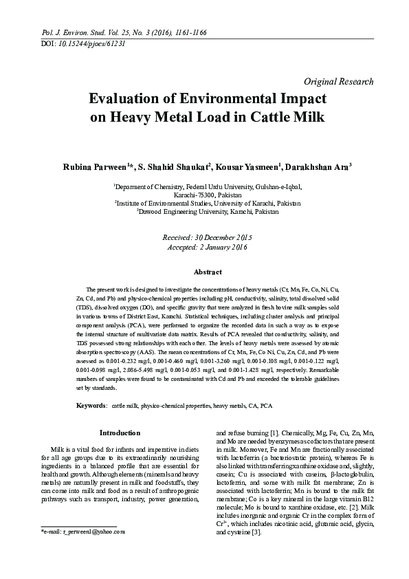 (PDF) Evaluation of Environmental Impact on Heavy Metal Load in Cattle Milk
