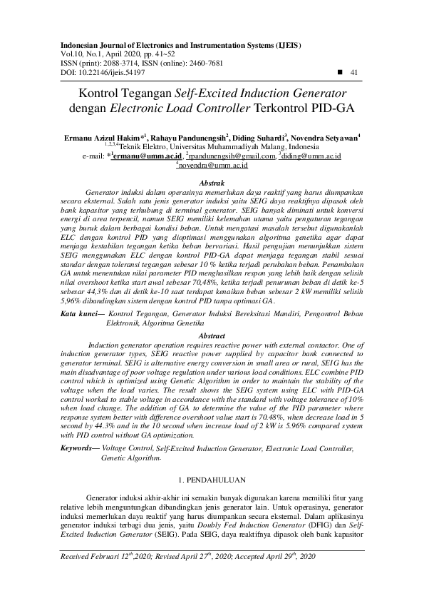 Pdf Kontrol Tegangan Self Excited Induction Generator Dengan Electronic Load Controller