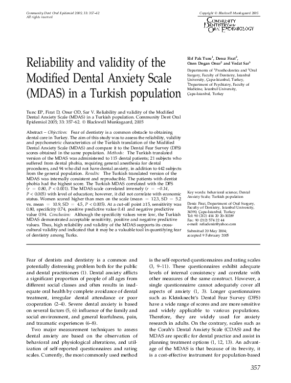 (PDF) Reliability and validity of the Modified Dental Anxiety Scale ...