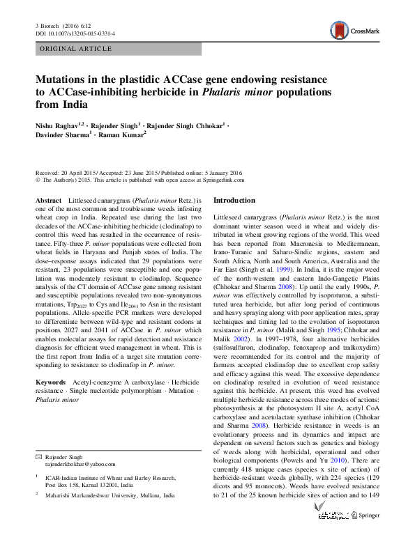(PDF) Mutations in the plastidic ACCase gene endowing resistance to ...
