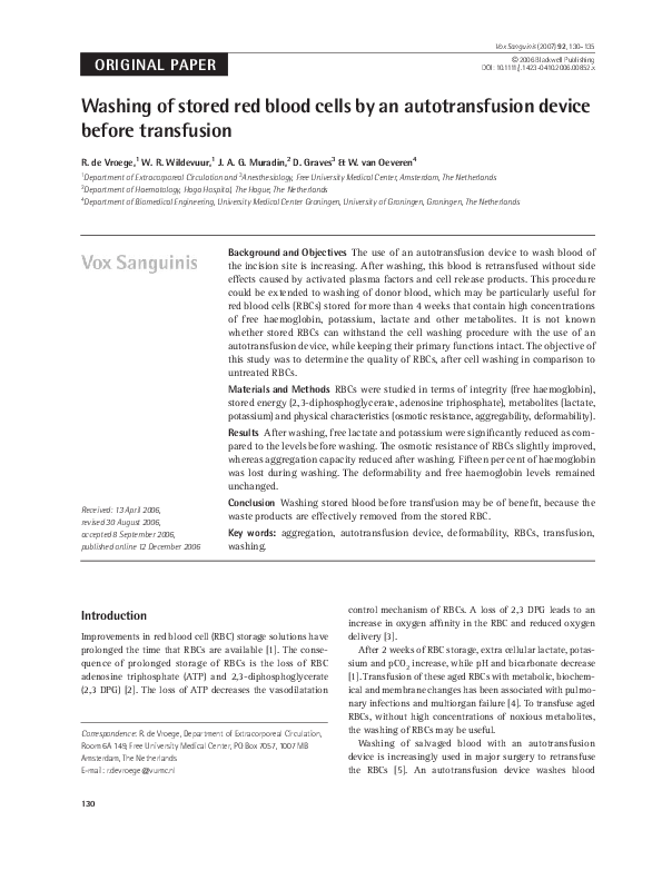 (PDF) Washing of stored red blood cells by an autotransfusion device ...