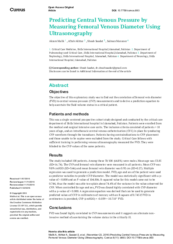 (PDF) Predicting Central Venous Pressure by Measuring Femoral Venous ...