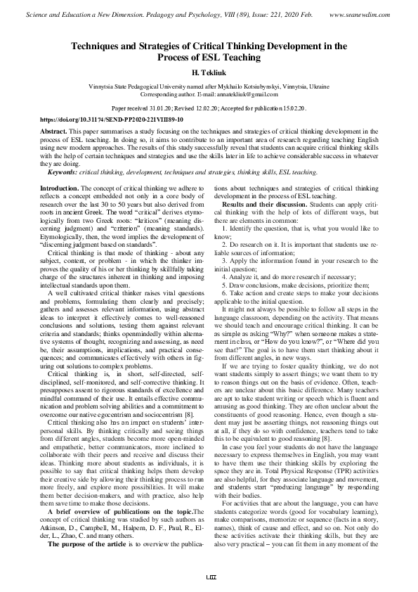 (PDF) Techniques and Strategies of Critical Thinking Development in the Process of ESL Teaching ...