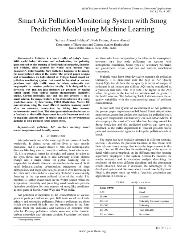 (PDF) Smart Air Pollution Monitoring System with Smog Prediction Model using Machine Learning