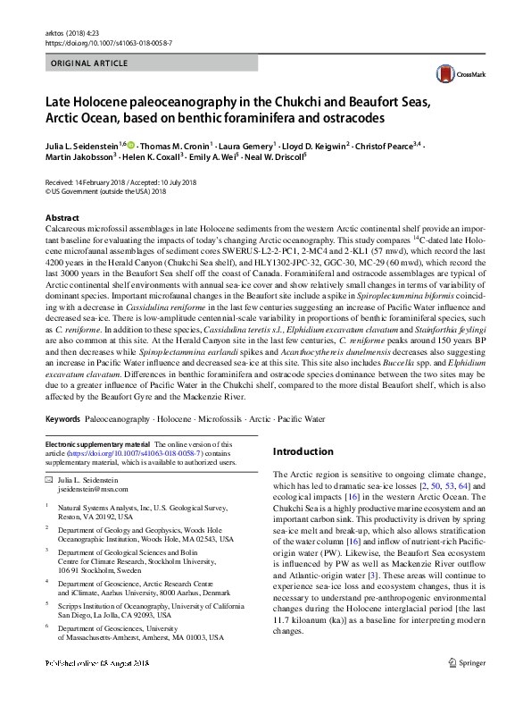 (PDF) Late Holocene paleoceanography in the Chukchi and Beaufort Seas ...