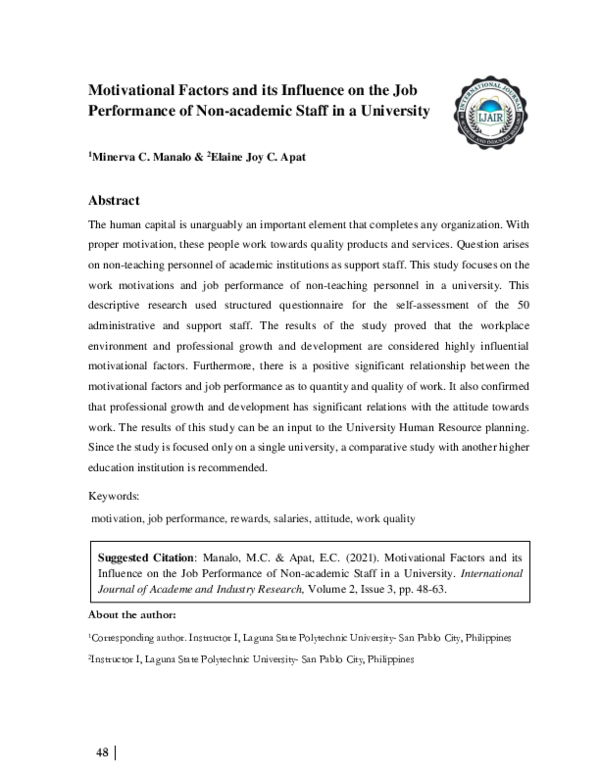 (PDF) Motivational Factors and its Influence on the Job Performance of ...