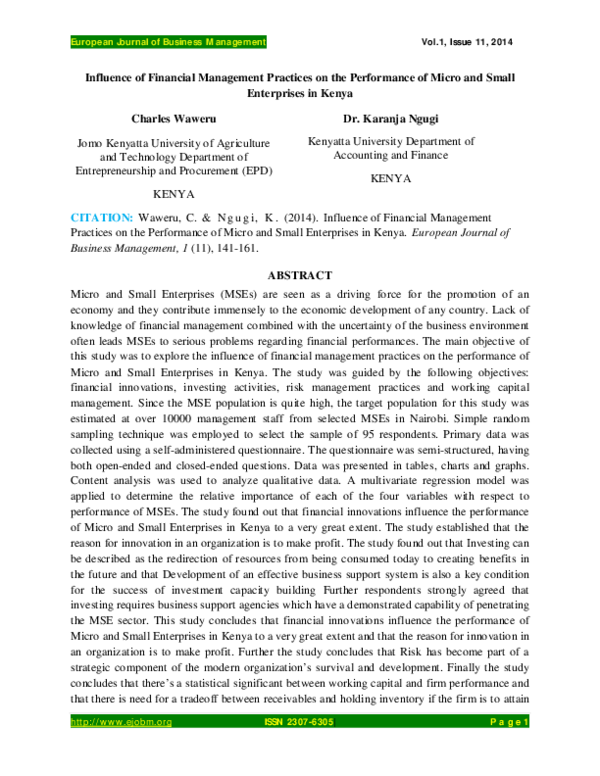 (PDF) Influence of Financial Management Practices on the Performance of ...