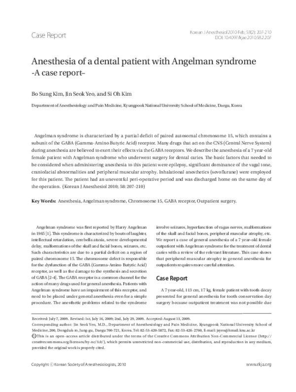 (PDF) Anesthesia of a dental patient with Angelman syndrome -A case report