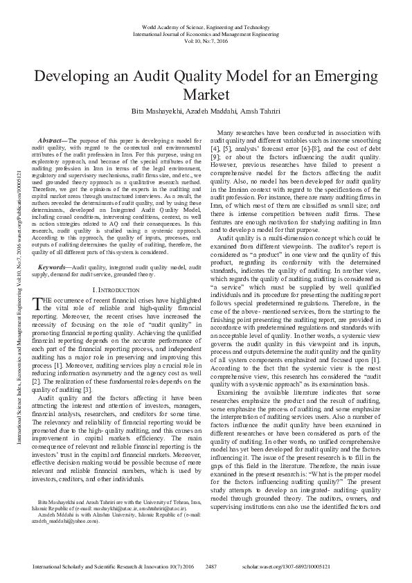 (PDF) Developing An Audit Quality Model For An Emerging Market