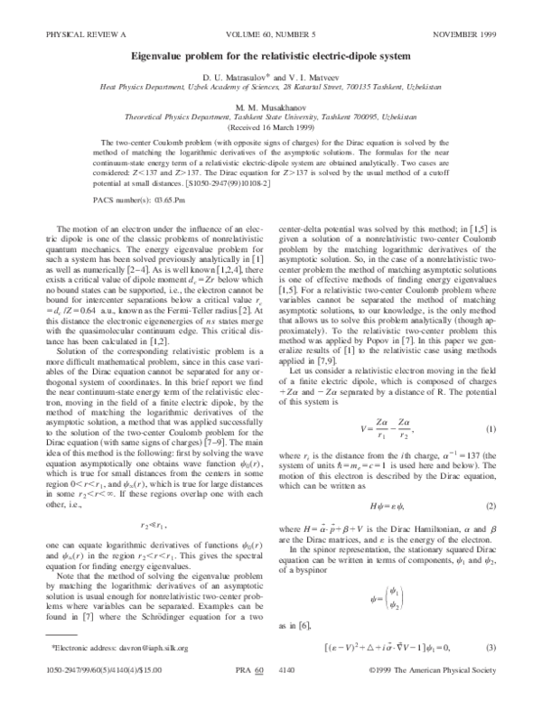 (PDF) Eigenvalue problem for the relativistic electric-dipole system