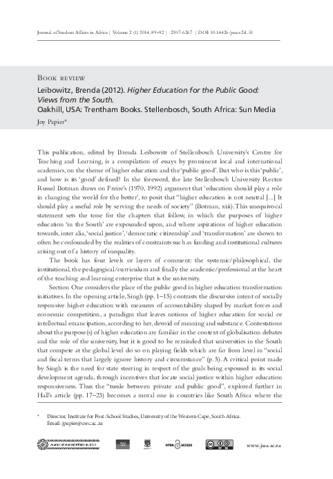 (PDF) Leibowitz, Brenda (2012). Higher Education for the Public Good ...