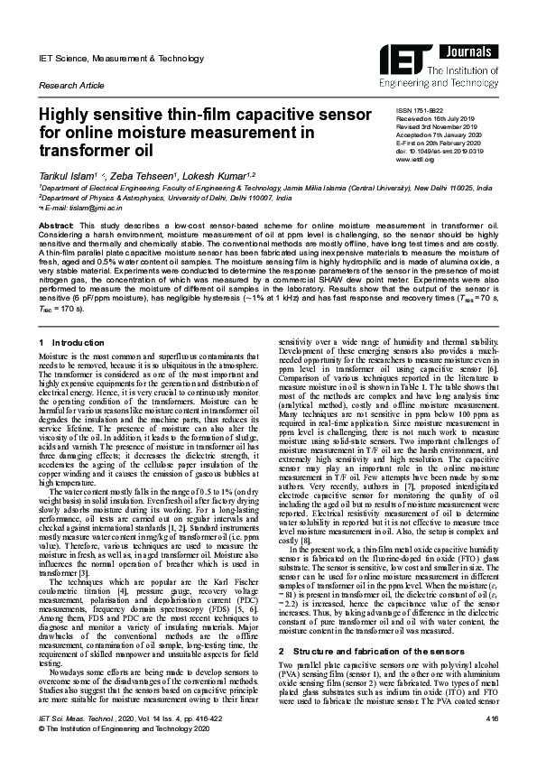 (PDF) Highly sensitive thin‐film capacitive sensor for online moisture ...