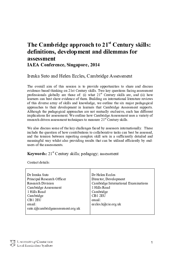 (PDF) The Cambridge approach to 21 st Century skills : definitions ...