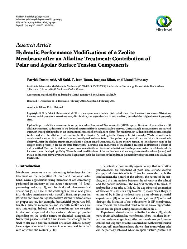(PDF) Hydraulic Performance Modifications of a Zeolite Membrane after ...