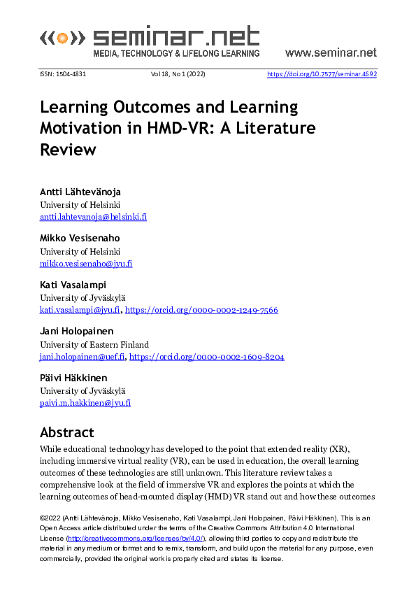 (PDF) Learning Outcomes in HMD-VR: a Literature Review