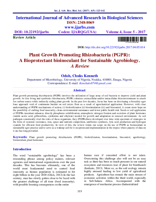 (PDF) Plant Growth Promoting Rhizobacteria (PGPR): A Bioprotectant bioinoculant for Sustainable ...
