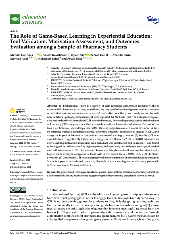 (PDF) The Role of Game-Based Learning in Experiential Education: Tool Validation, Motivation ...