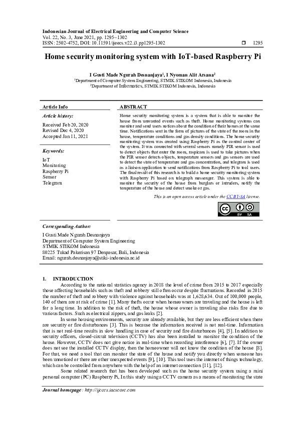 (PDF) Home security monitoring system with IoT-based Raspberry Pi