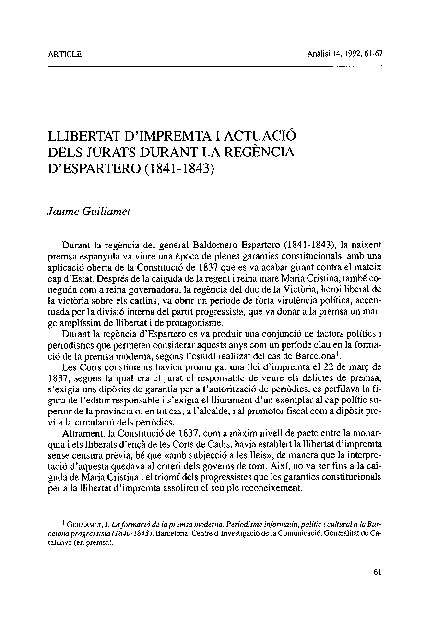 (PDF) Llibertat d'impremta i actuació dels jurats durant la regència d'Espartero (1841-1843)