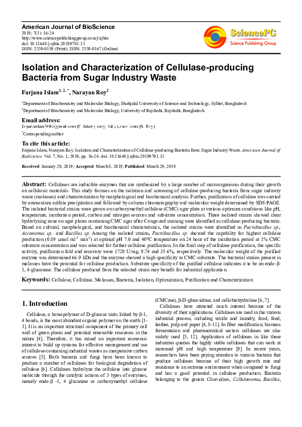 (PDF) Screening and characterization of cellulase producing bacteria from soil and waste ...