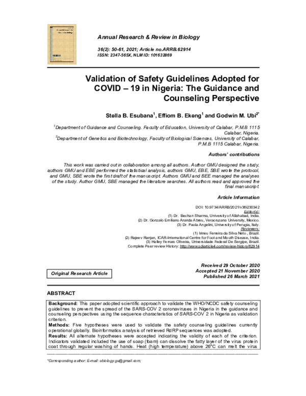 (PDF) Validation of Safety Guidelines Adopted for COVID – 19 in Nigeria ...