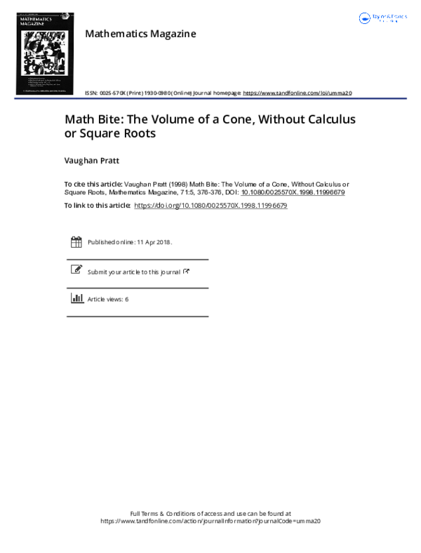 (PDF) Math Bite: The Volume of a Cone, without Calculus or Square Roots