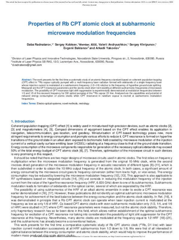 (PDF) Properties of Rb CPT atomic clock at subharmonic microwave ...