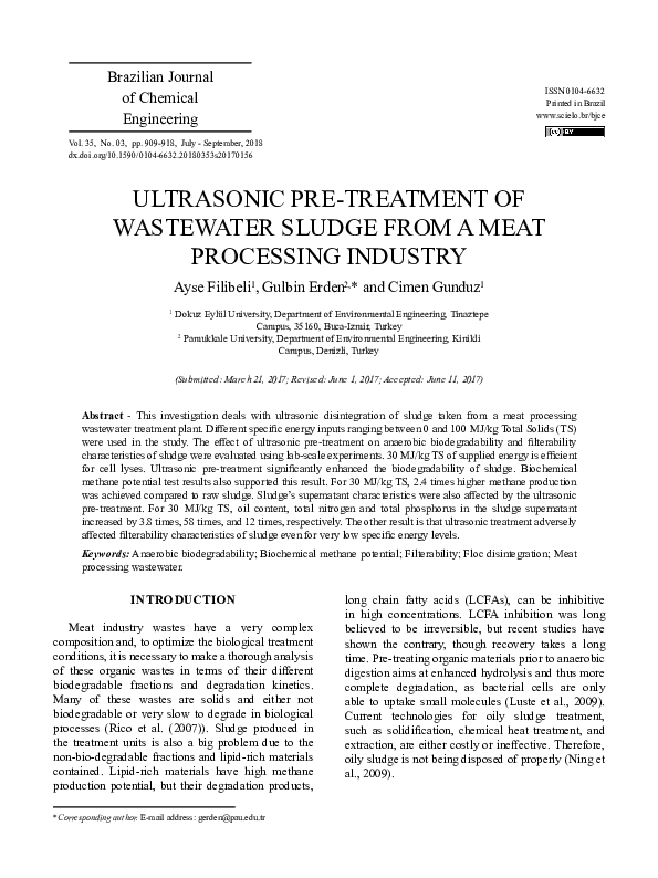 (PDF) Ultrasonic Pre-Treatment of Wastewater Sludge from a Meat Processing Industry